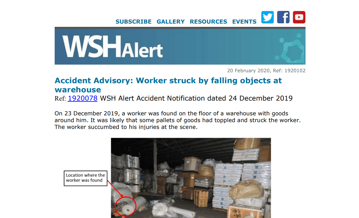 WSH Alert Accident Advisory 20 Feb 2020 Worker struck by falling ...