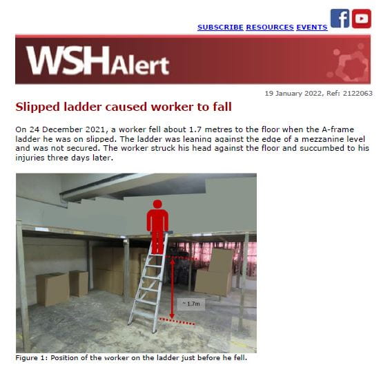 WSH Alert 19 January 2022 Slipped ladder caused worker to fall