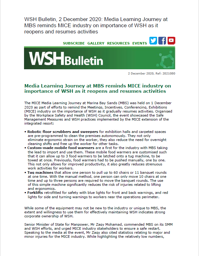 WSH Bulletin, 2 December 2020: Media Learning Journey at MBS reminds ...