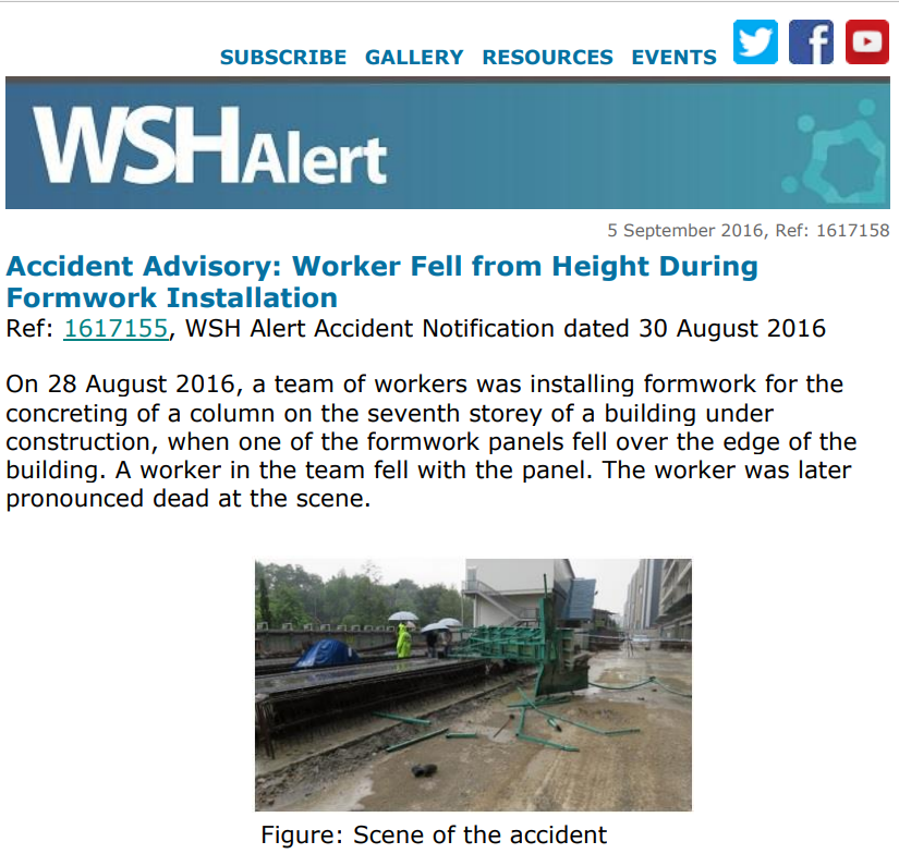 WSH Alert Accident Advisory 5 Sep 2016 Worker Fell from Height During ...