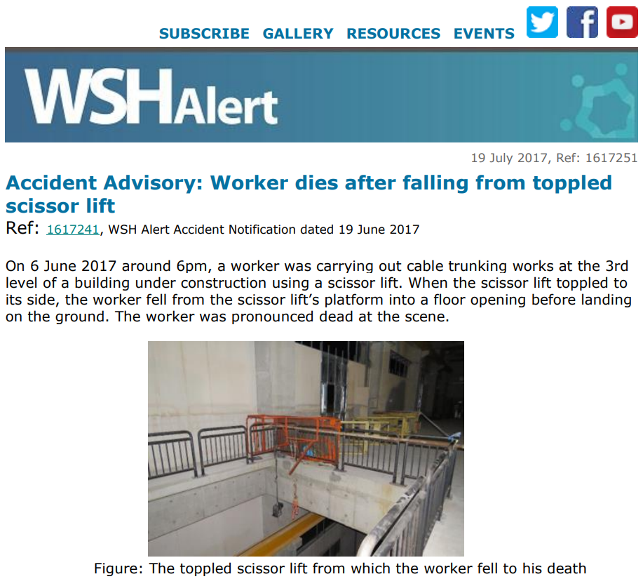 WSH Alert Accident Advisory 19 July 2017 Worker dies after falling from ...