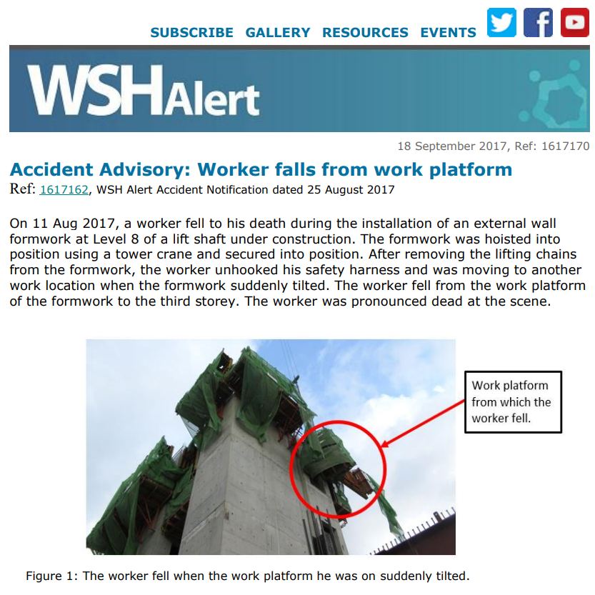 WSH Alert Accident Advisory 18 Sep 2017 Worker falls from work platform