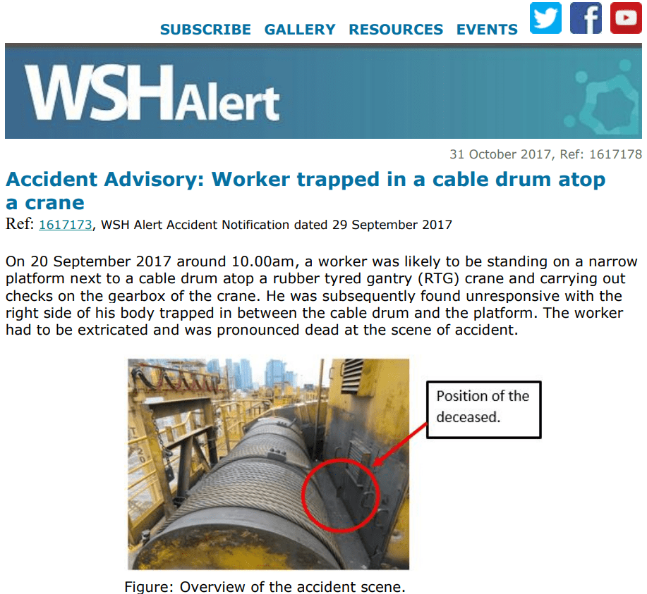 WSH Alert Accident Advisory 31 Oct 2017 Worker trapped in a cable drum ...