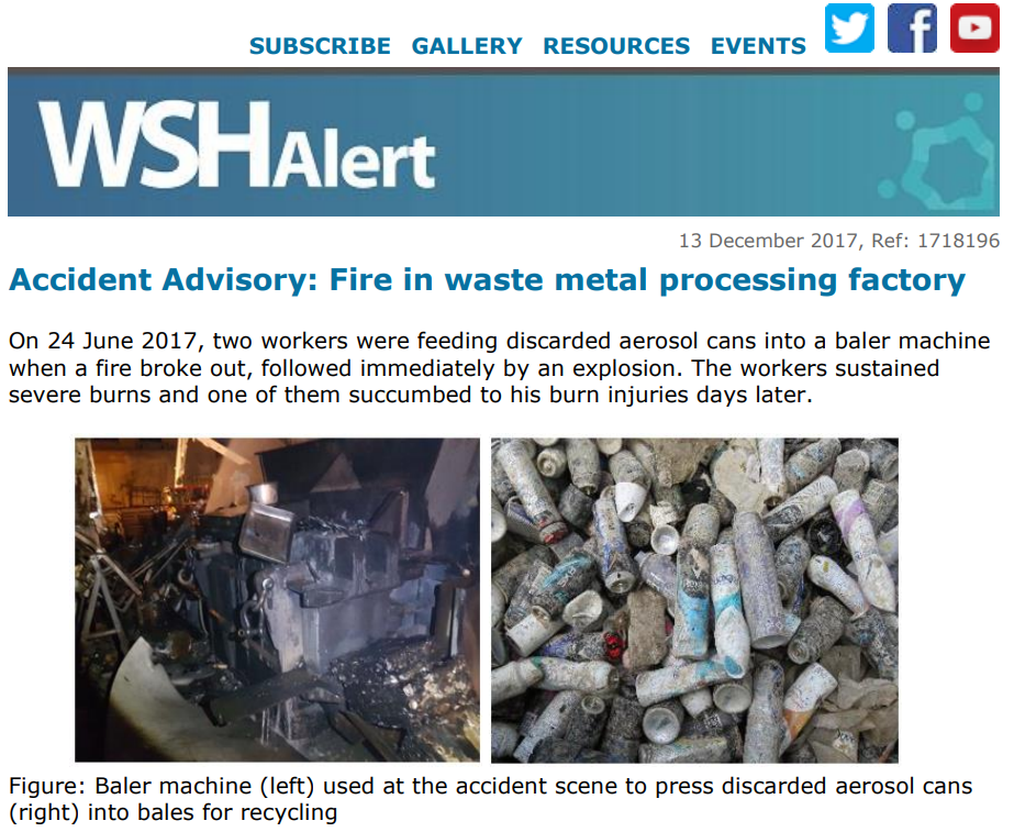 WSH Alert Accident Advisory 13 Dec 2017 Fire in waste metal processing ...