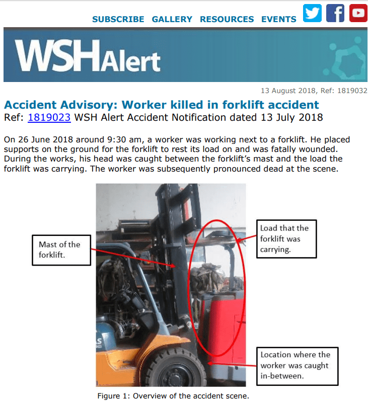 WSH Alert 13 Aug 2018 Worker killed in forklift accident