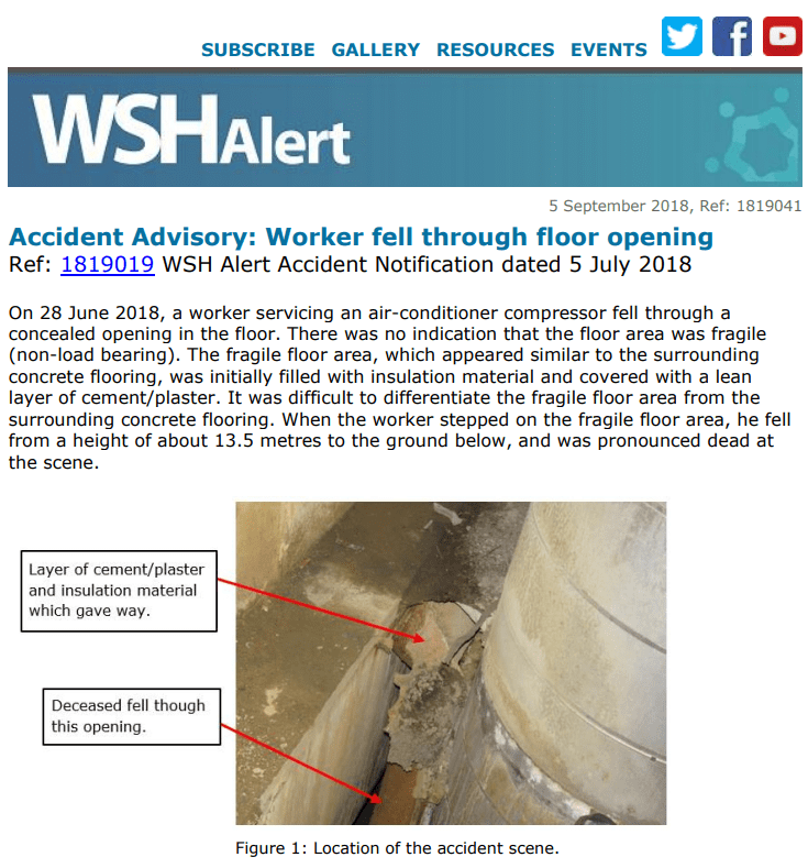 WSH Alert 5 Sep 2018 Worker fell through floor opening
