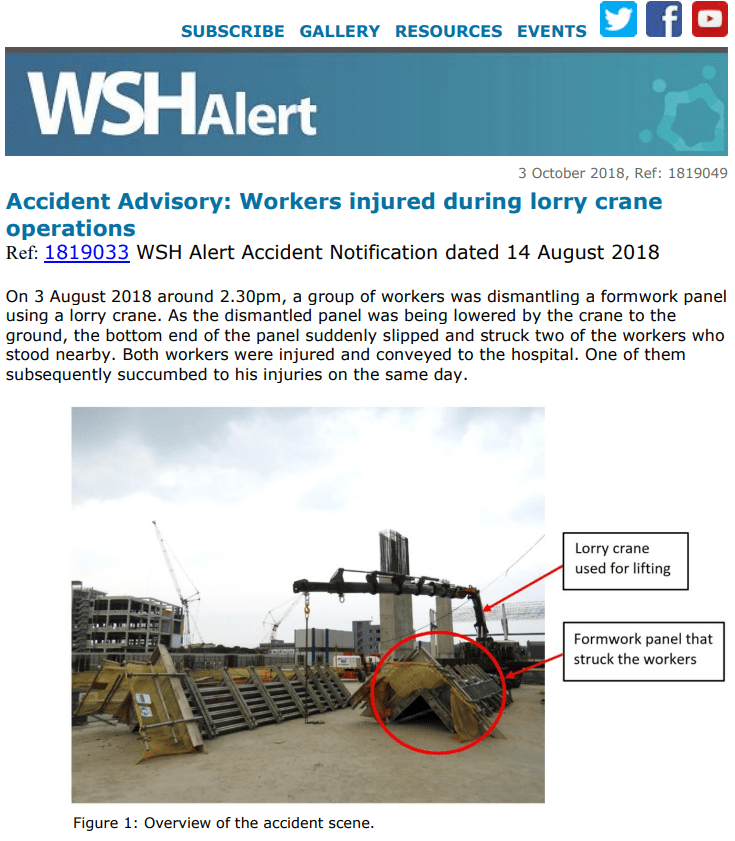 WSH Alert 3 Oct 2018 Workers injured during lorry crane operation