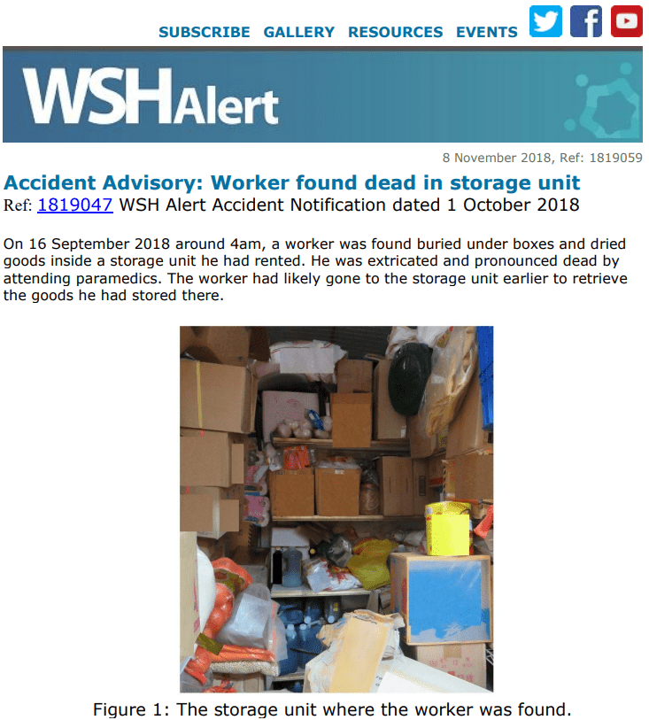 WSH Alert 8 Nov 2018 Worker found dead in storage unit