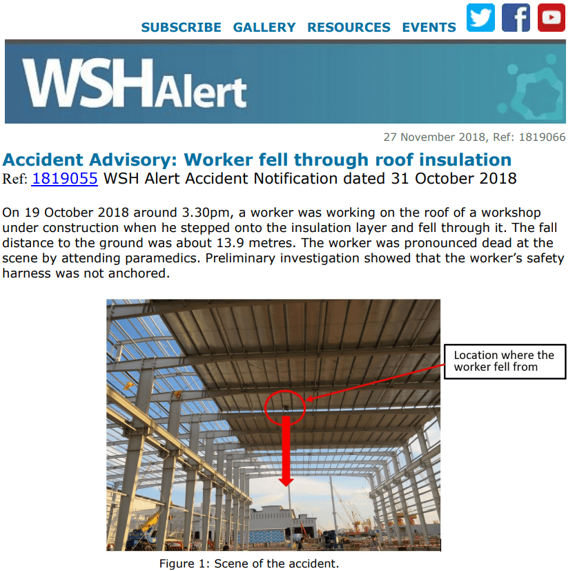 WSH Alert 27 Nov 2018 Worker fell through roof insulation