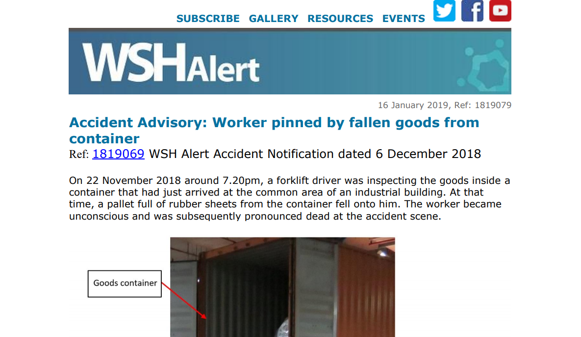 WSH Alert Accident Advisory 16 Jan 2019 Worker pinned by fallen goods ...