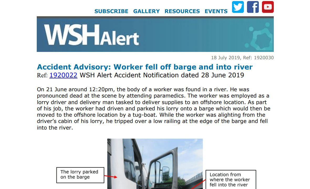 WSH Alert Accident Advisory 18 July 2019 Worker fell off barge and into ...
