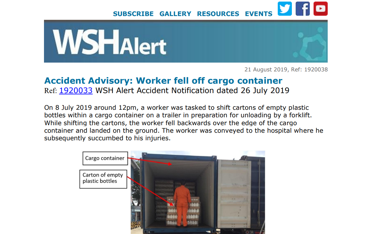 WSH Alert Accident Advisory 21 Aug 2019 Worker fell off cargo container