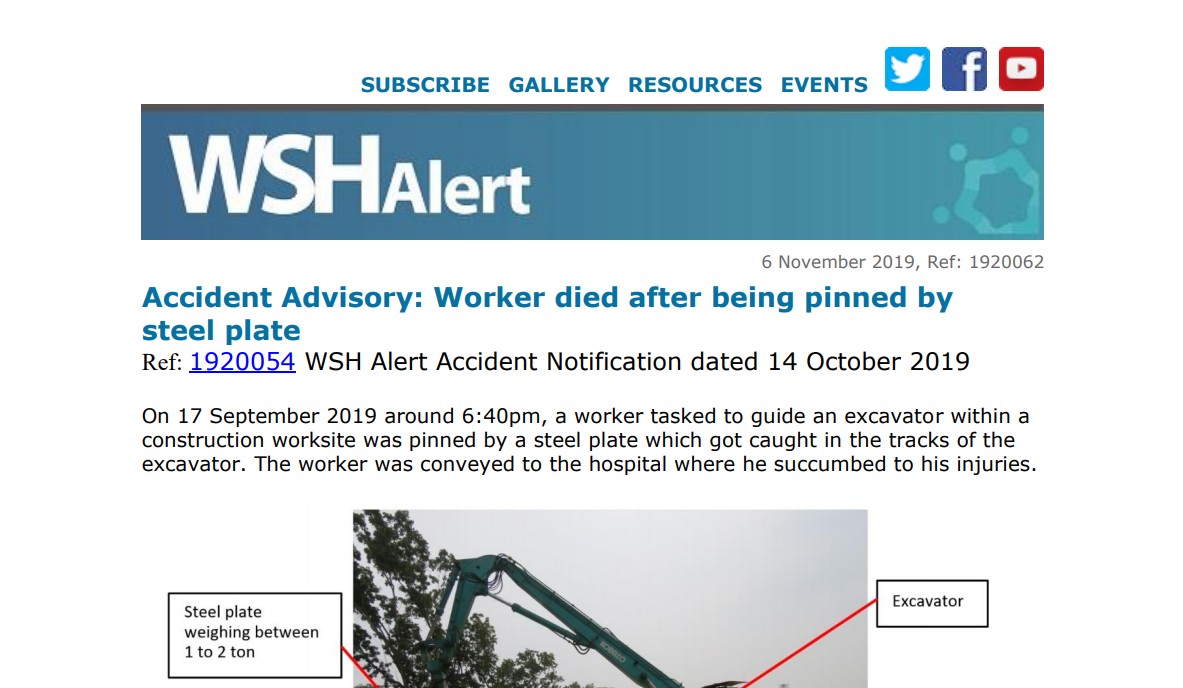 WSH Alert Accident Advisory 6 Nov 2019 Worker died after being pinned ...