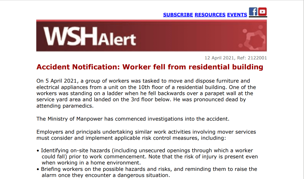 WSH Alert Accident Notification 12 April 2021 Worker fell from ...