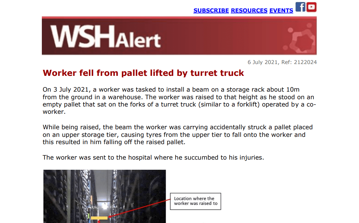 WSH Alert Accident Notification 7 July 2021 Worker fell from pallet ...
