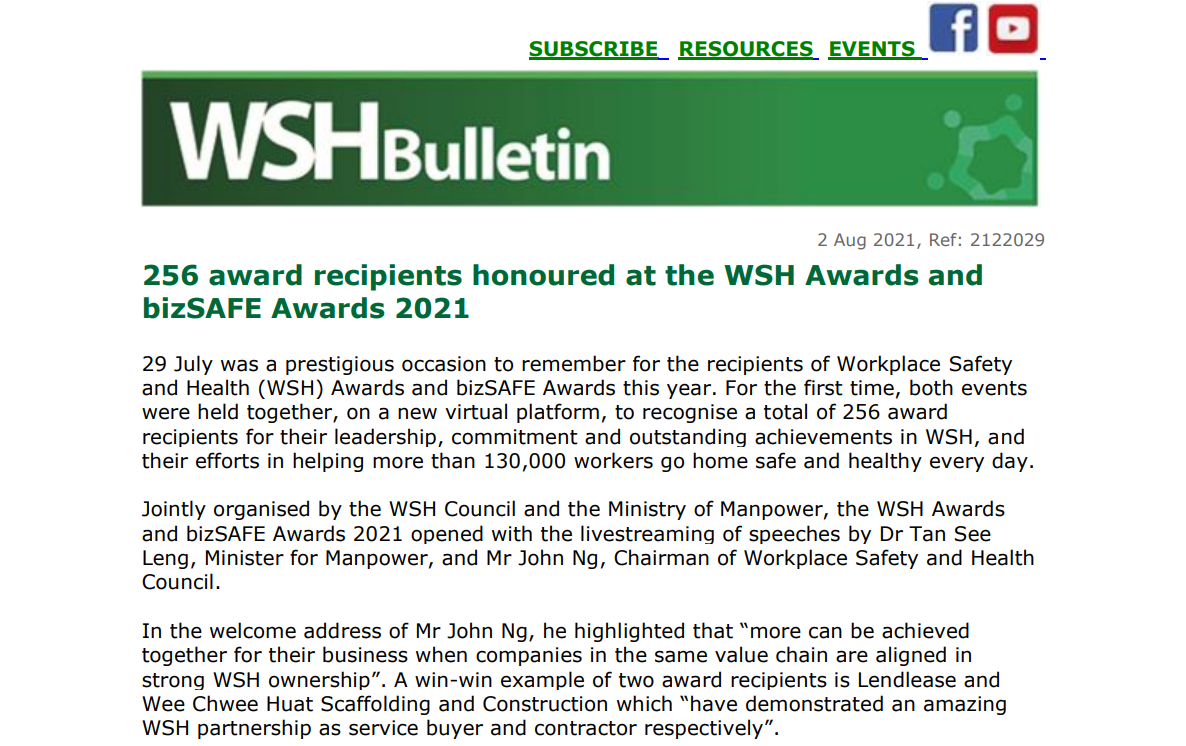 WSH bulletin 2 Aug 2021 256 award recipients honoured at the WSH Awards ...