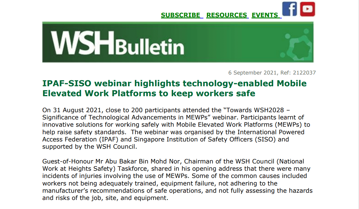 WSH Bulletin 6 Sep 2021 IPAF-SISO webinar highlights technology-enabled ...