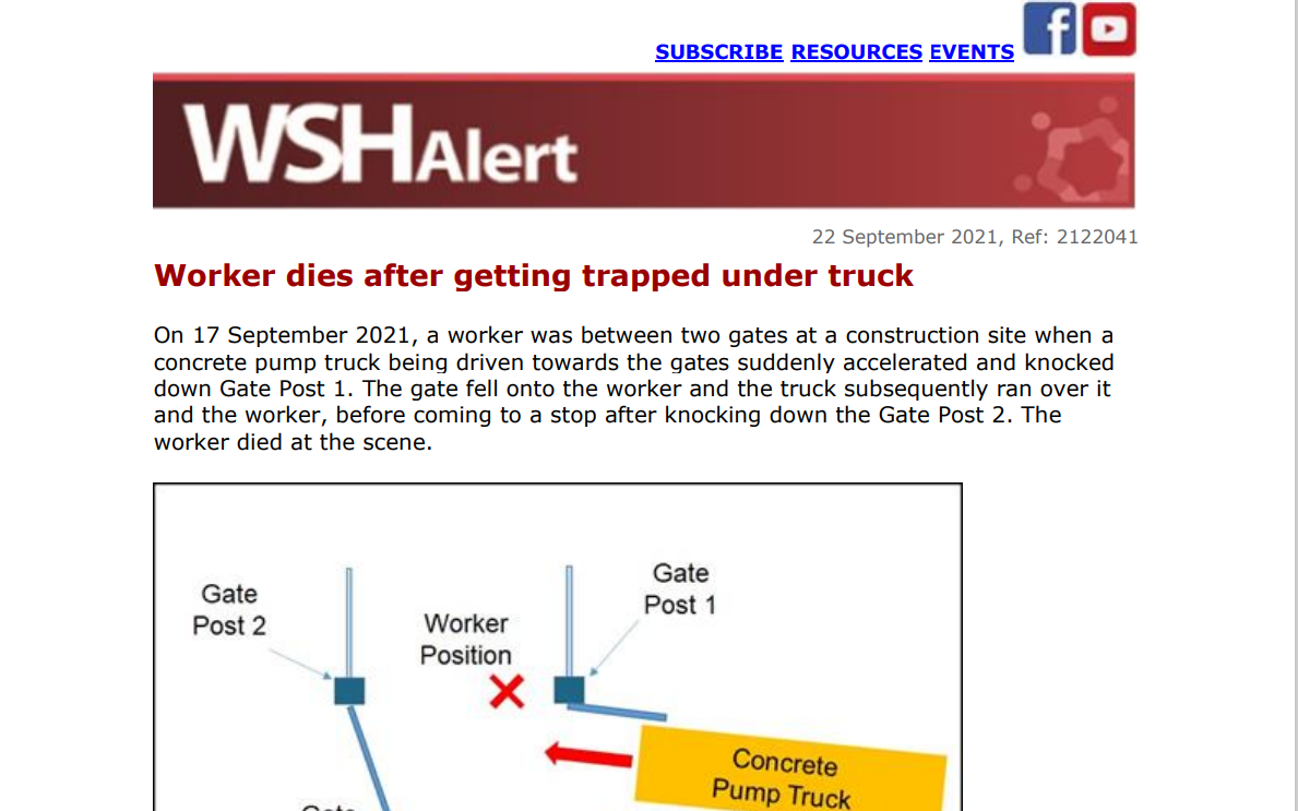 WSH Alert 22 Sep 2021 Worker dies after getting trapped under truck