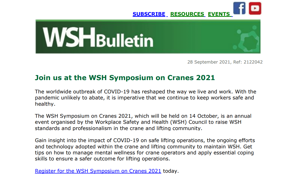 WSH bulletin 28 Sep 2021 1 Join Crane Symposium 2 Join BSG Webinar 3 ...