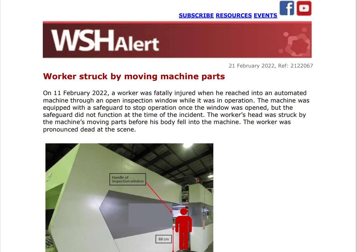 WSH Alert 21 February 2022 Worker struck by moving machine parts