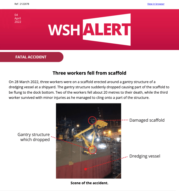 WSH Alert 4 Apr 2022 Fatal Accident Three workers fell from scaffold