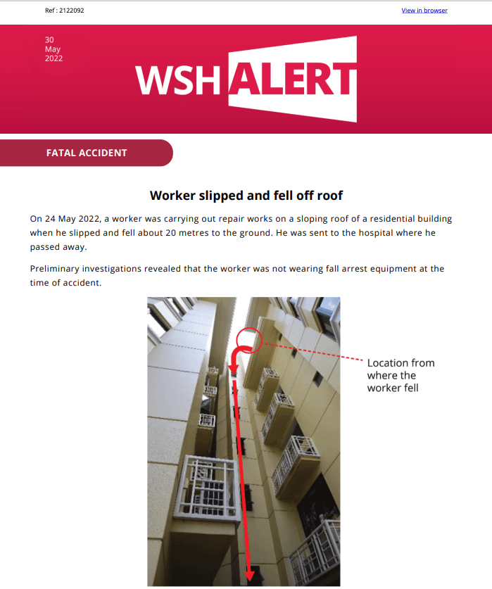 WSH Alert 30 May 2022 Fatal Accident Worker slipped and fell off roof