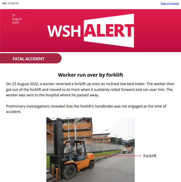WSH Alert 31 Aug 2022 Fatal Accident Worker run over by forklift