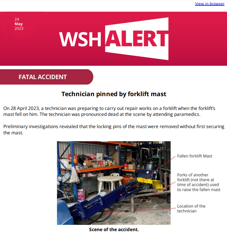 WSH Alert 24 May 2023 Technician pinned by forklift mast