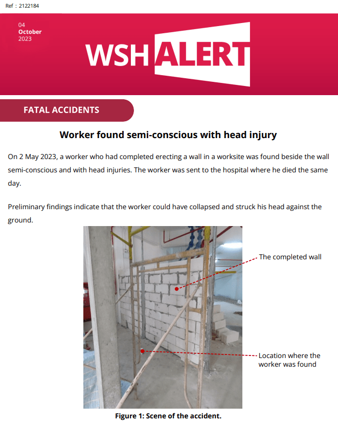 WSH Alert 4 Oct 2023 Worker found semi-conscious with head injury