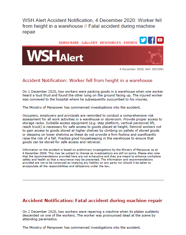 WSH Alert Accident Notification, 4 December 2020: Worker fell from ...
