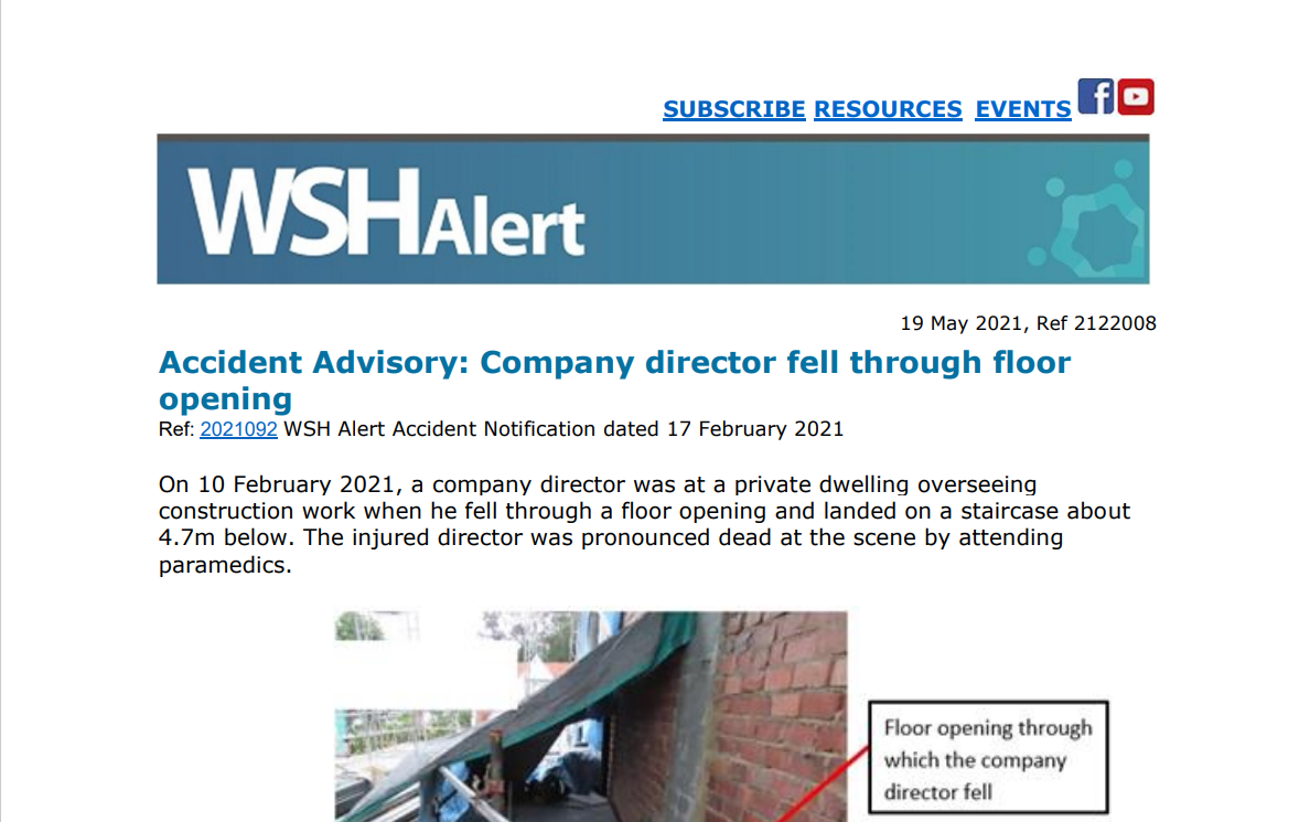 WSH Alert Accident Advisory Company director fell through floor opening