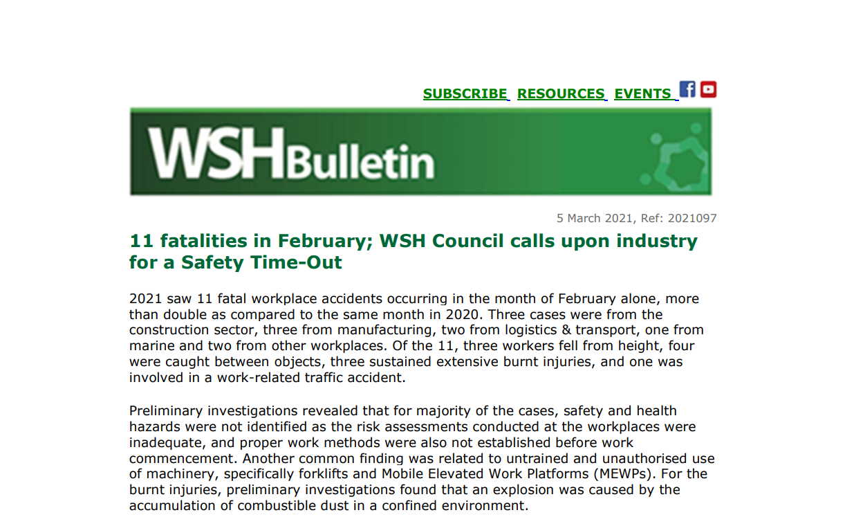 WSH Bulletin 5 March 2021 11 fatalities in February