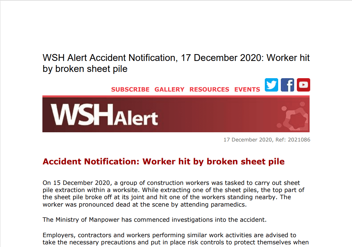 WSH Alert Accident Notification, 17 December 2020: Worker hit by broken ...