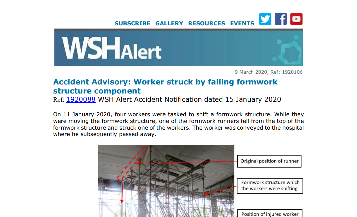 WSH Alert Accident Advisory 9 Mar 2020 Worker struck by falling ...