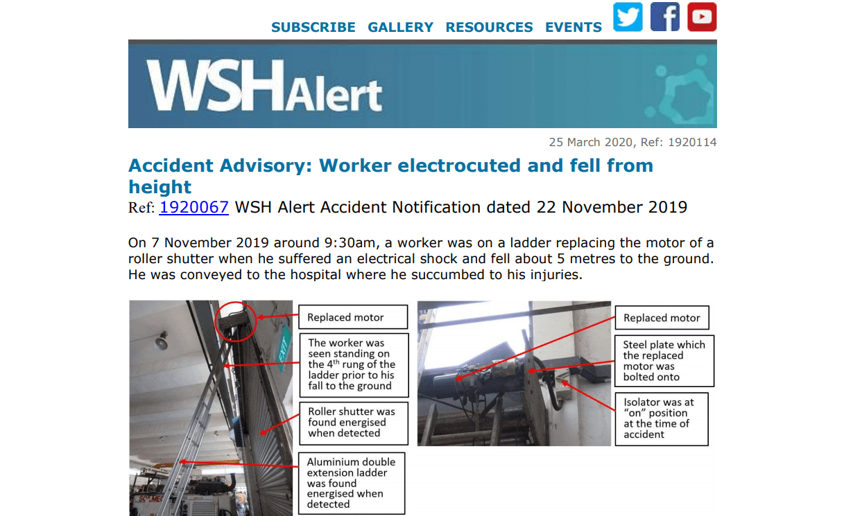 WSH Alert Accident Advisory 25 Mar 2020 Worker electrocuted and fell ...