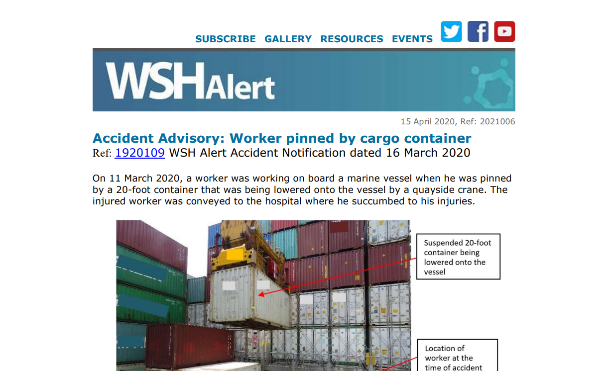 WSH Alert Accident Advisory 15 Apr 2020 Worker pinned by cargo container