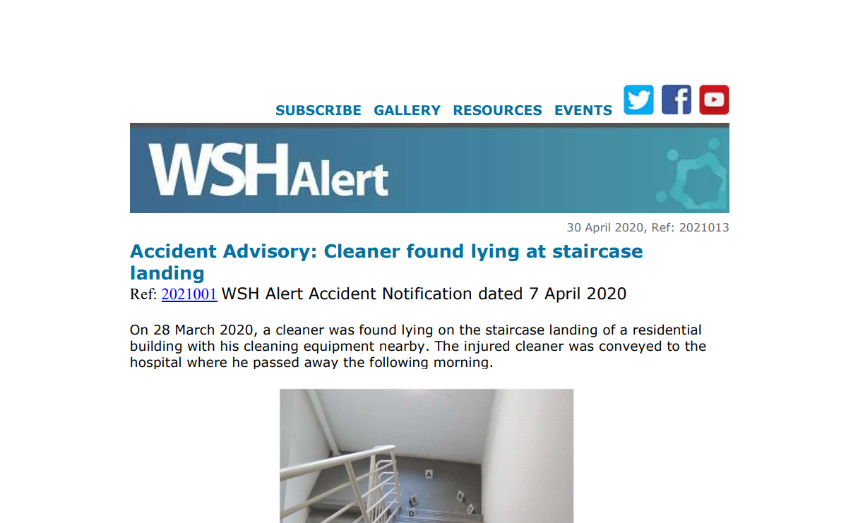 WSH Alert Accident Advisory 30 Apr 2020 Cleaner found lying at ...
