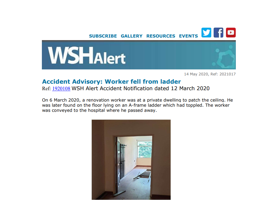WSH Alert Accident Advisory 14 May 2020 Worker fell from ladder