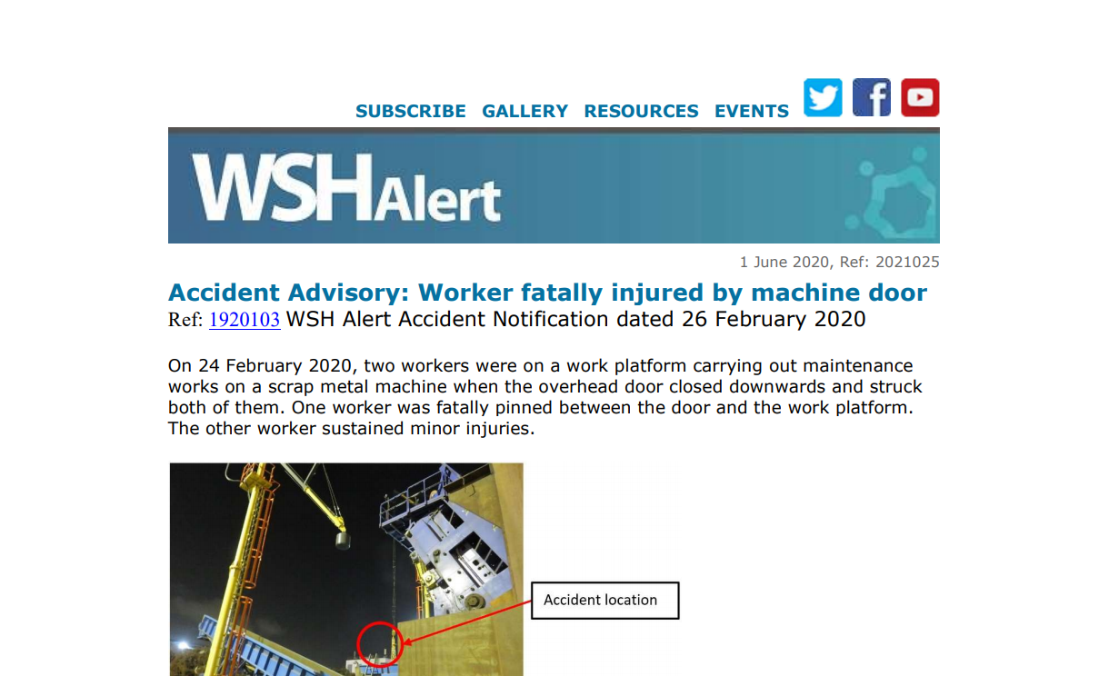 WSH Alert Accident Advisory 1 June 2020 Worker fatally injured by ...