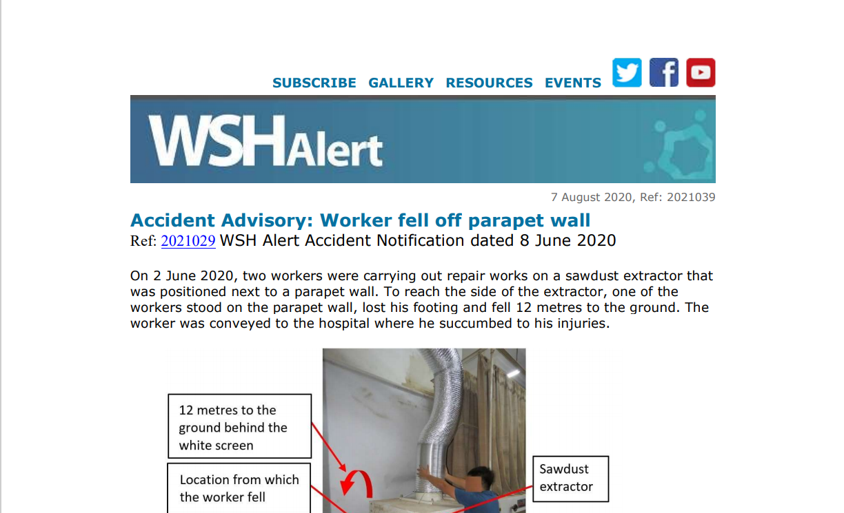 WSH Alert Accident Advisory 7 Aug 2020 Worker fell off parapet wall