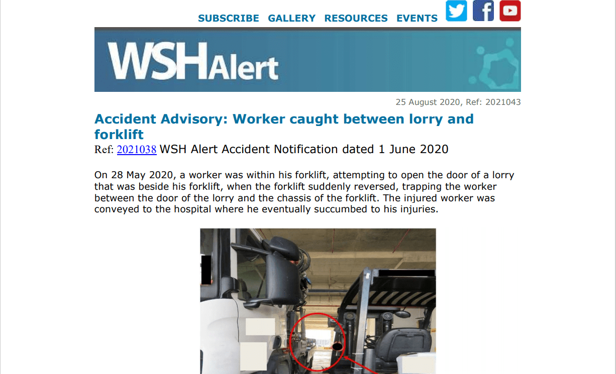 WSH Alert Accident Advisory 25 Aug 2020 Worker caught between lorry and ...