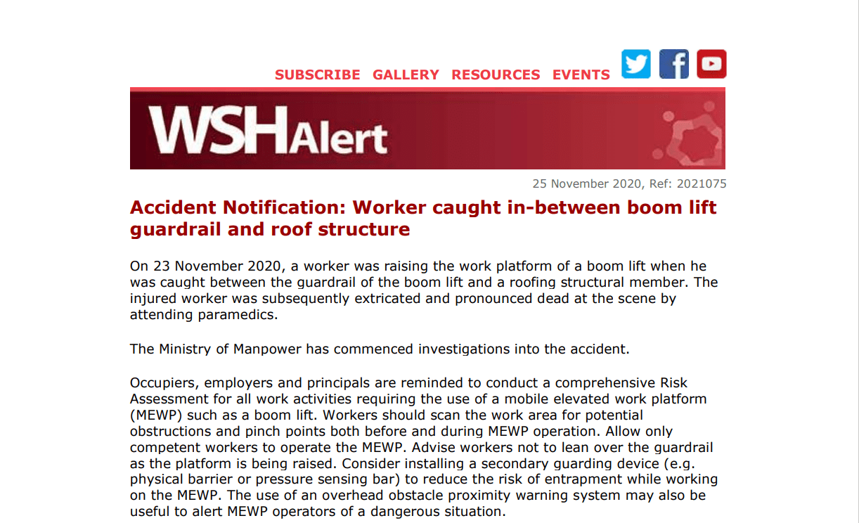 WSH Alert Accident Notification 25 Nov 2020 Worker caught in between ...