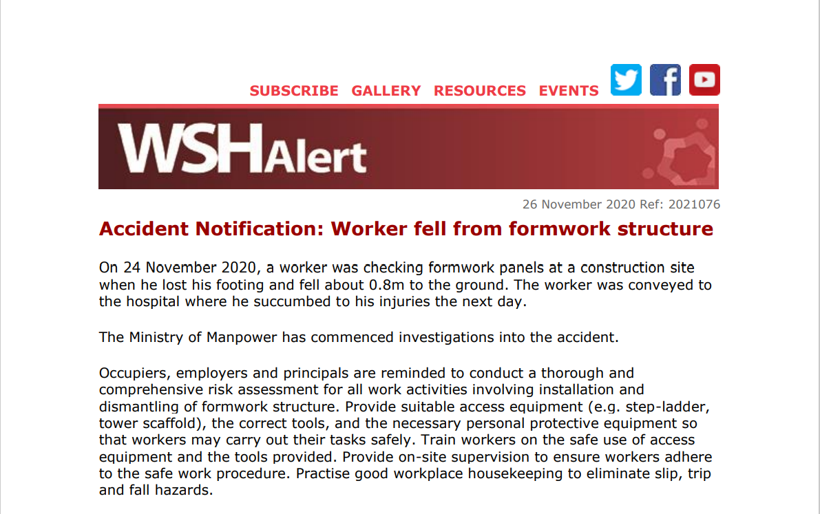 WSH Alert Accident Notification 26 November 2020 Worker fell from ...