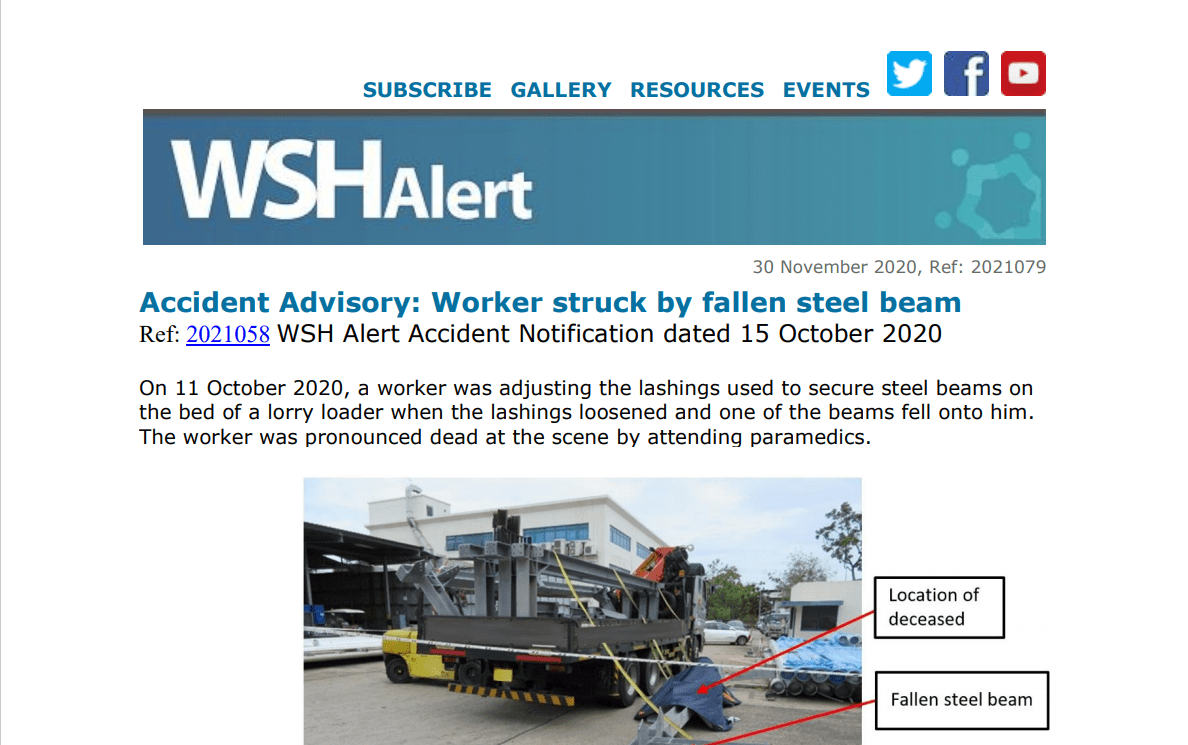 WSH Alert Accident Advisory 30 November 2020 Worker struck by fallen ...