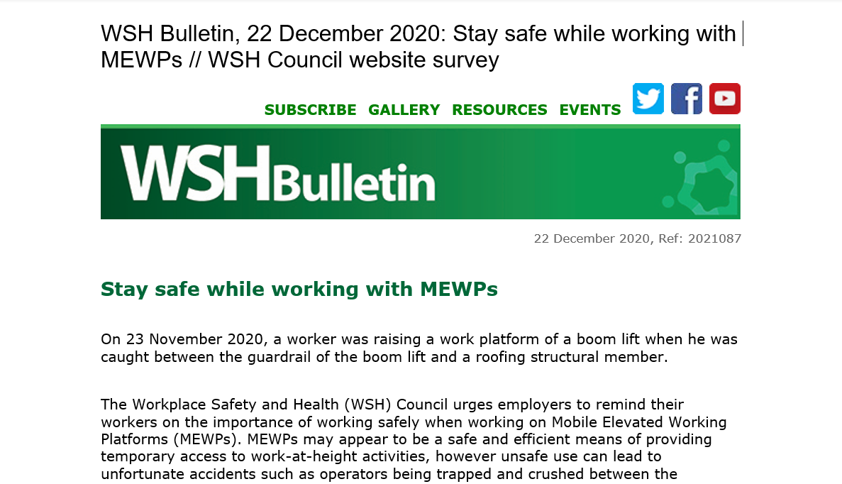 WSH Bulletin 22 December 2020 Stay safe while working with MEWPs WSH ...