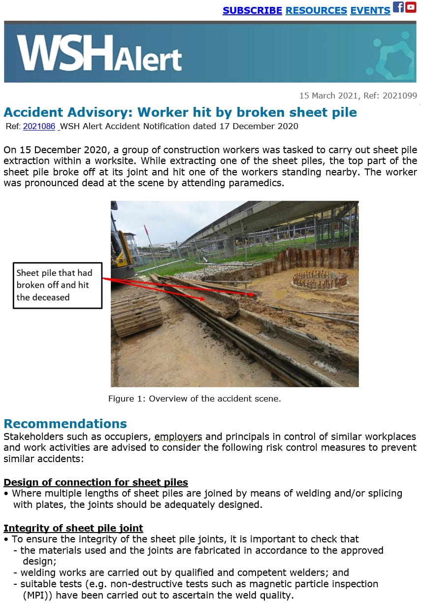 WSH Alert Accident Advisory 17 Mar 2021 Worker hit by broken sheet pile