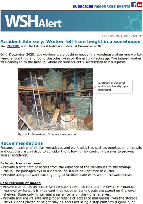 WSH Alert Accident Advisory 17 Mar 2021 Worker fell from height in a ...
