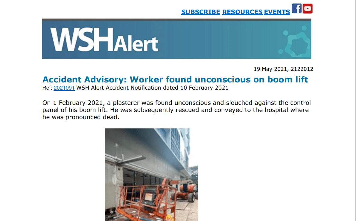 WSH Alert Accident Advisory Worker found unconscious on boom lift